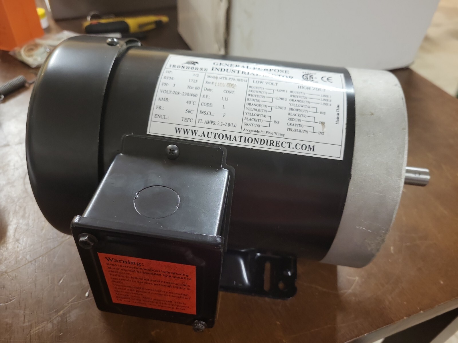 Ironhorse MTR-P50-3BD18 1/2 HP 3Ph 230/460VAC AC Electric Motor 56C ...