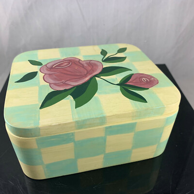 1995 TERRAGRAFICS INC CHECKERBOARD & FLORAL ROSE CERAMIC TRINKET BOX ...