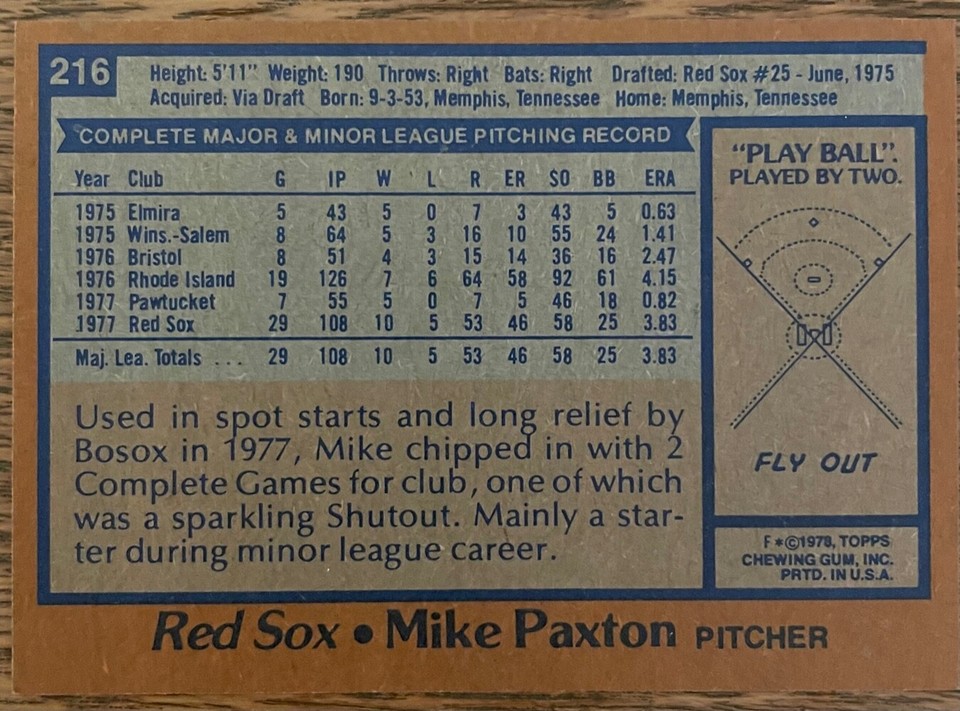 ROOKIE MIKE PAXTON 1978 TOPPS RED SOX CARD # 216 PACK FRESH MINT FAST ...