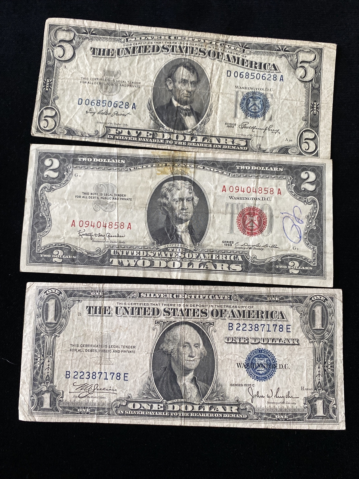 RARE Lot $1 1935 1957 $5 1953 Blue Seal Silver Certificate $2 1963 Red ...