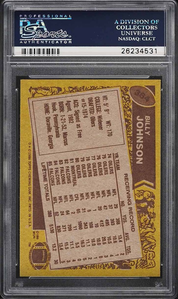 1986 Topps FB Card #364 Billy Johnson Atlanta Falcons HOF PSA 8.5 NM ...