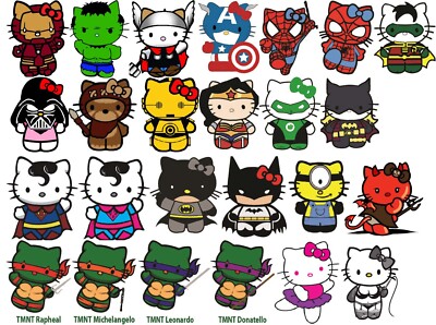 HELLO KITTY SPIDER MAN,IRON MAN,BATMAN,THOR - MANY SUPER HERO DECALS ...