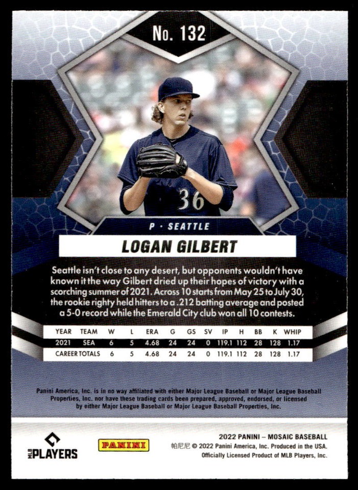 2022 Panini Mosaic 132 Logan Gilbert Seattle Mariners baseball card | eBay
