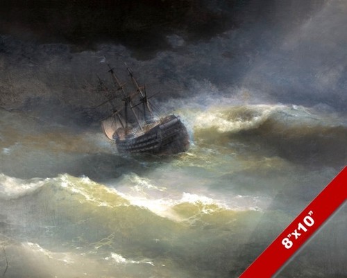 TEMPEST TOSSED SHIP AT SEA SAILBOAT SEASCAPE PAINTING ART REAL CANVAS ...