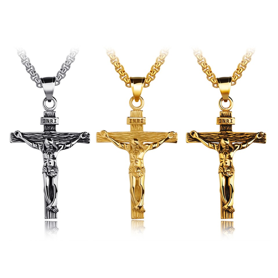 Men Stainless Steel Gold Silver Black Jesus Crucifix Pendant Chain ...