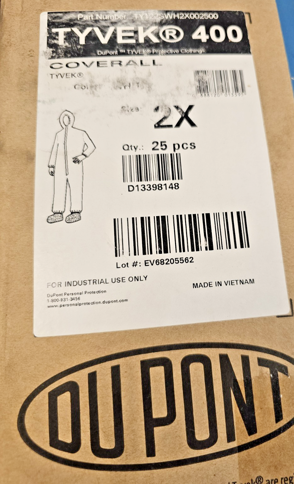 Dupont/Tyvek TY122SWH2X002500 White Hooded Disposable Coverall 2XL ...