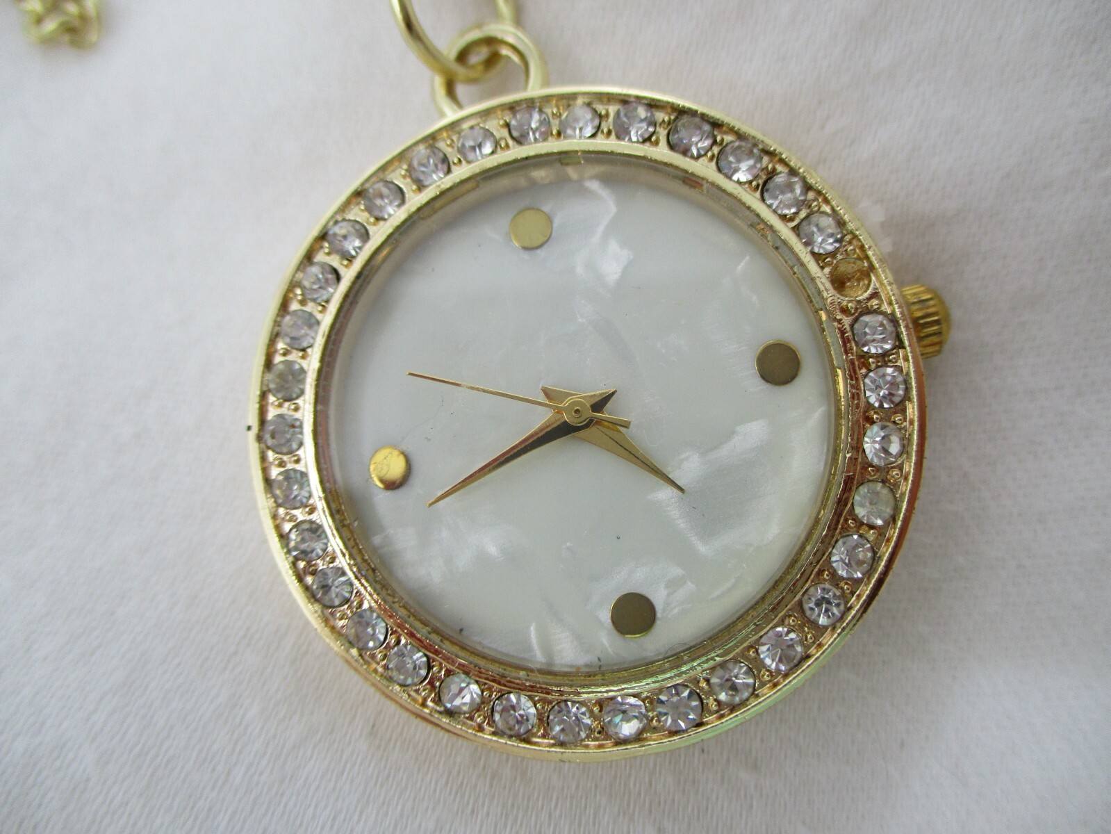 Pocket Watch Round White Face Gold Toned Sparkling Rhinestones WORKING ...