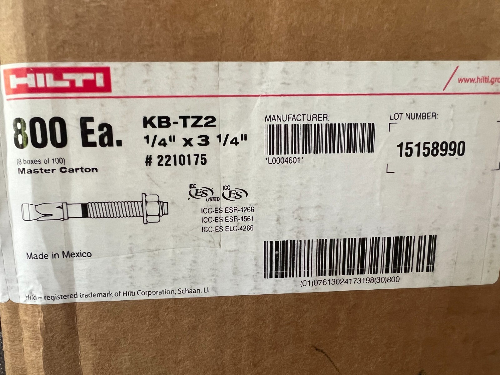 800 HILTI KB-TZ2 1/4" X 3 1/4" KWIK BOLTS ANCHORS w/nuts concrete NIB ...