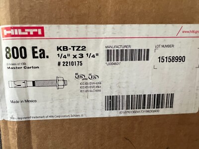 800 HILTI KB-TZ2 1/4" X 3 1/4" KWIK BOLTS ANCHORS w/nuts concrete NIB ...