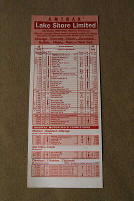 Amtrak Lake Shore Limited Timetable Card - Fall/Winter 1999/2000 | eBay