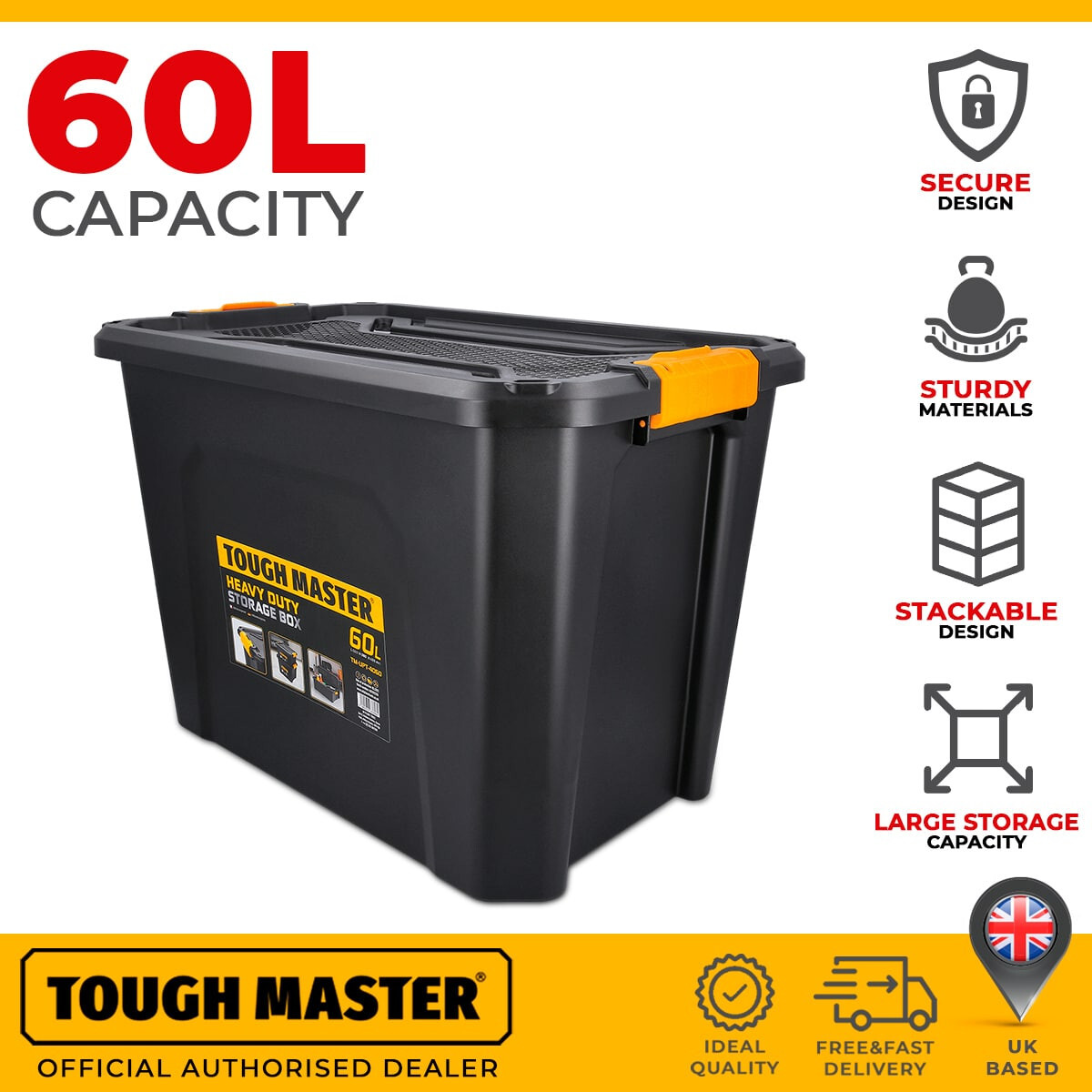 Storage Box 60 Litre Durable Plastic Reinforced Construction Secure ...