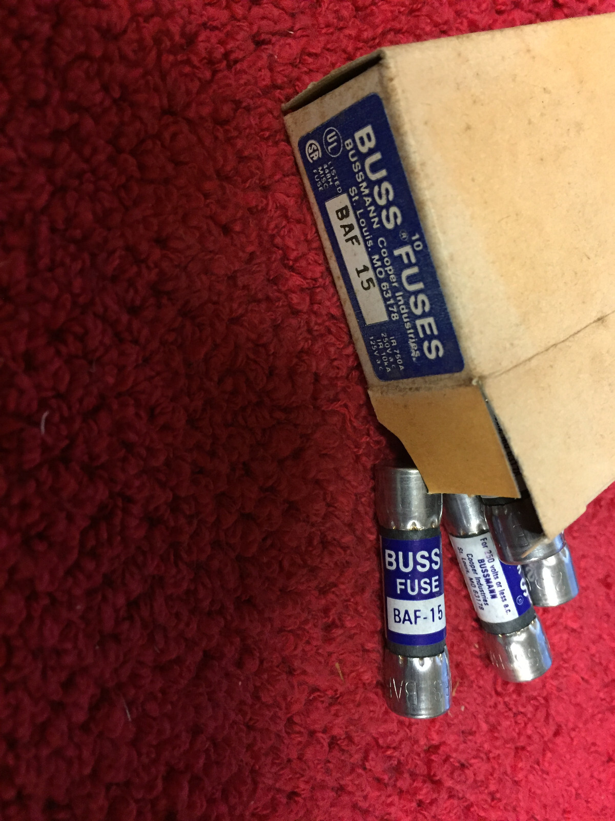 BAF-15 BUSSMANN 15 AMP 250V AC, Not Rated, 1-1/2" L x 13/32" dia 10 PCS ...
