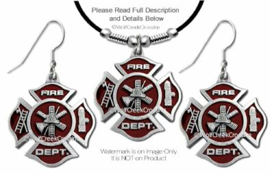 FIRE FIGHTER NECKLACE & EARRINGS SET JEWELRY FIREMAN EMERGENCY RESCUE ...
