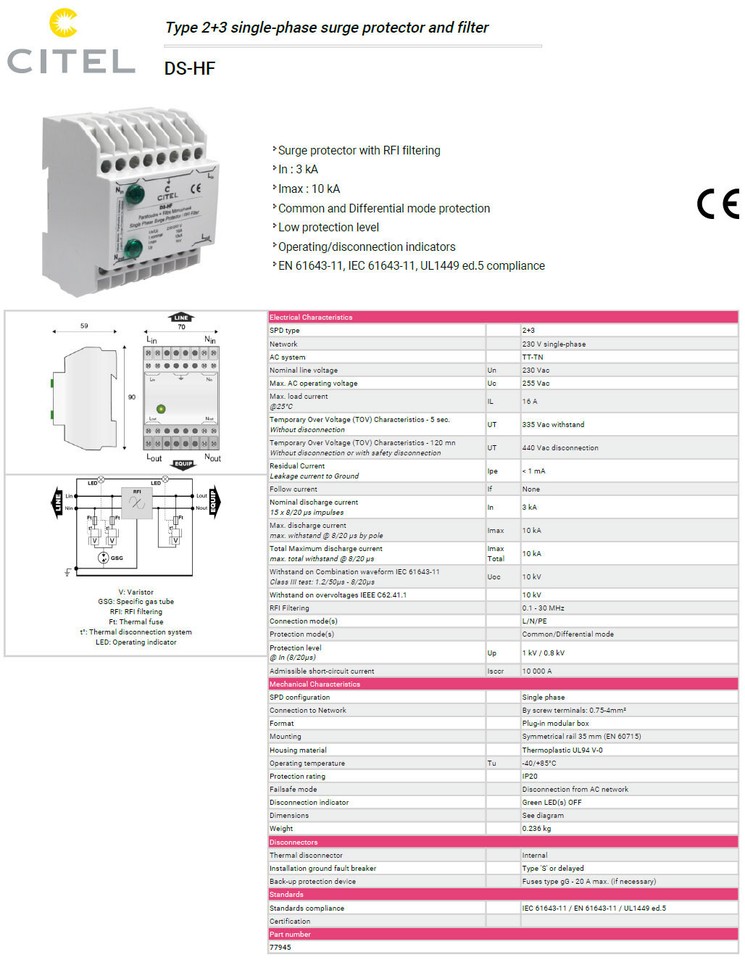Citel New DS-HF Type 2+3 Single-phase Surge Protector and Filter, 77945 ...