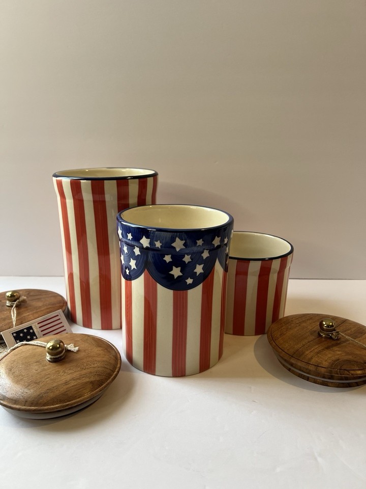Patriotic 4th of July Striped Red White Blue Canister Wooden India Set ...