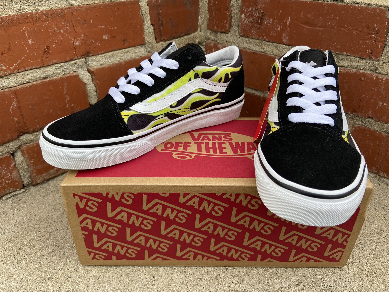 Vans Classic Slime Flame Black Lime White Old Skool Canvas Boys Girls ...