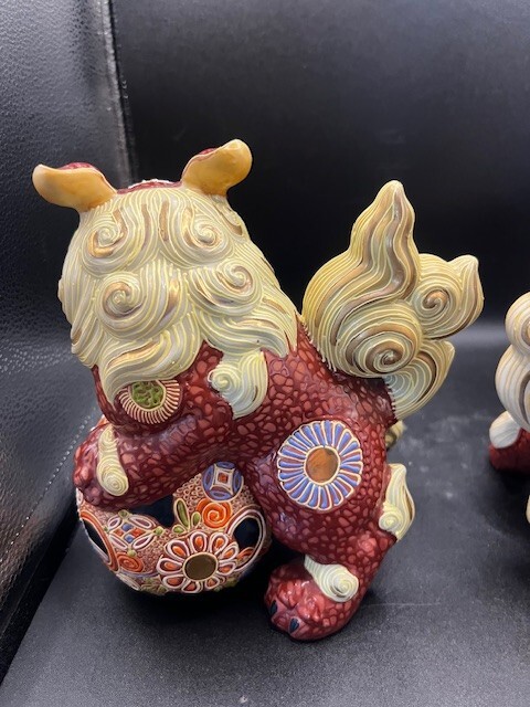 Pair 7.25" Tall Antique Foo Dog Shisa Fu Guardian Lions Japanese Red ...