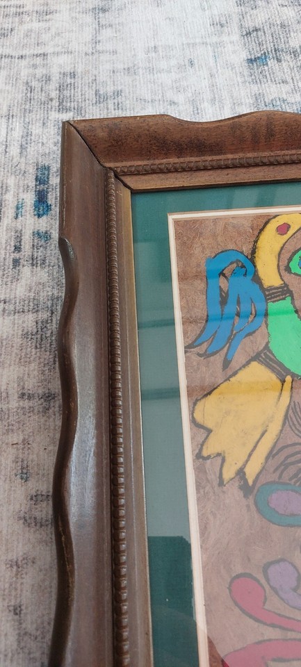 Vintage Mexican Folk Art Painting on Amate Bark Paper. Mounted in 16x18 ...