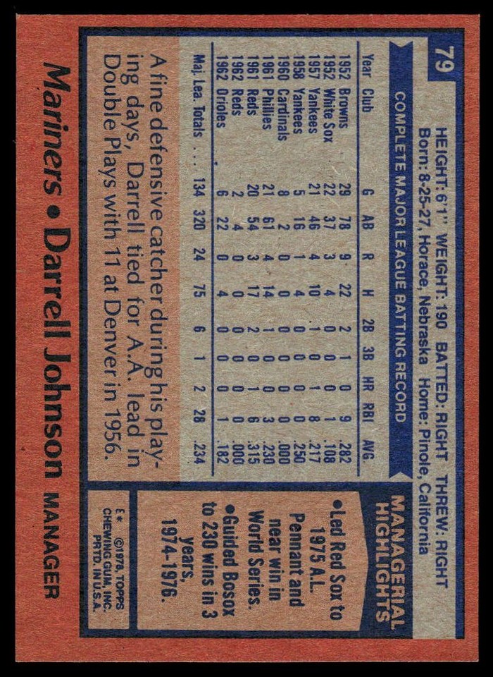 1978 Topps #79 Darrell Johnson - Seattle Mariners - NM - ID105 | eBay