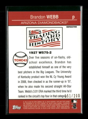 2008 Topps Chrome #TCHC43 Brandon Webb Trading Card History Blue #/200 ...