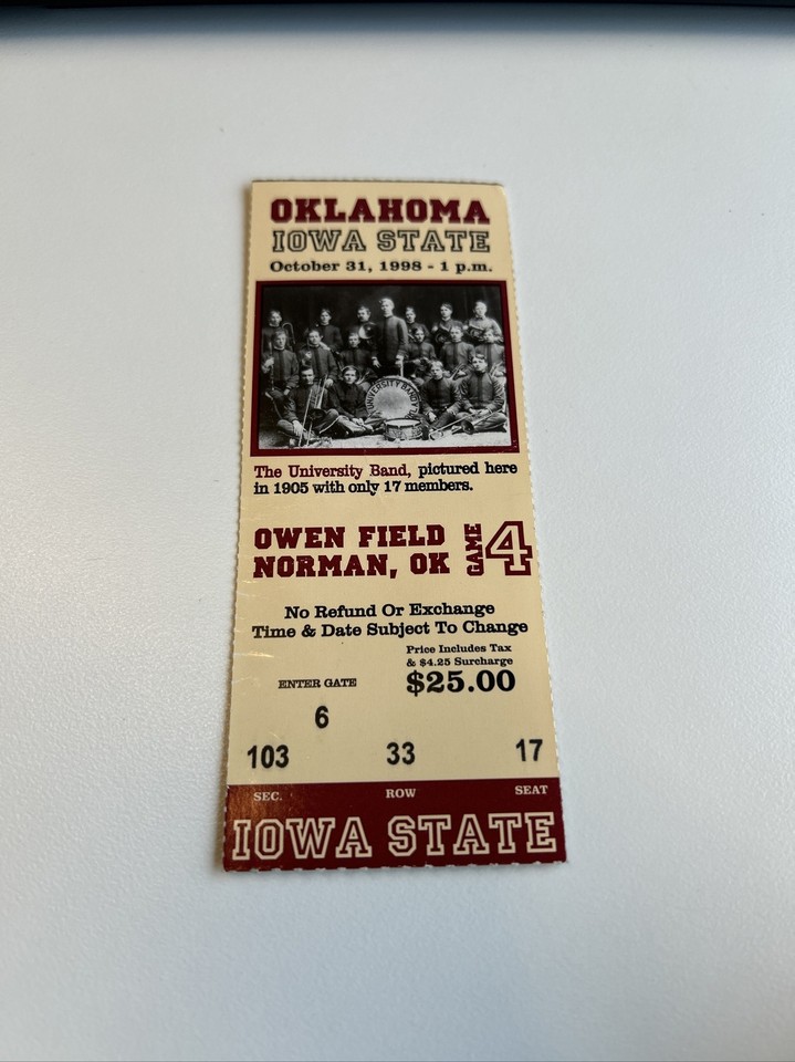 Oklahoma Sooners Iowa State Football FULL Ticket 10/31 1998 De'Mond ...