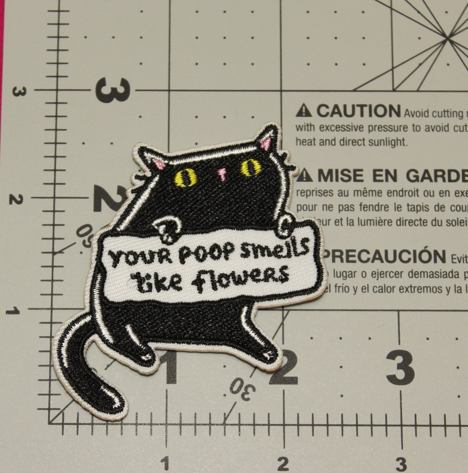 Your Poop Smells Like Flowers Black Kitty Cat Cartoon Iron On Patch ...