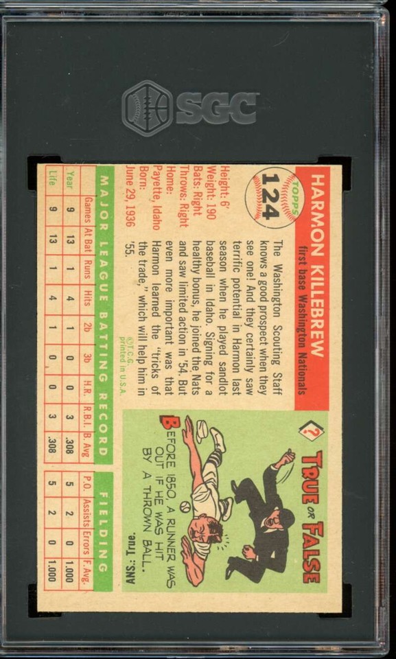 1955 Topps #124 Harmon Killebrew RC/Rookie Senators HOF SGC 6 EX-NM | eBay
