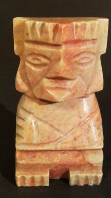 AZTEC MAYA TIKI GOD SCULPTURE FIGURE GRAY & CREAM MARBLE ONYX BOOKEND ...