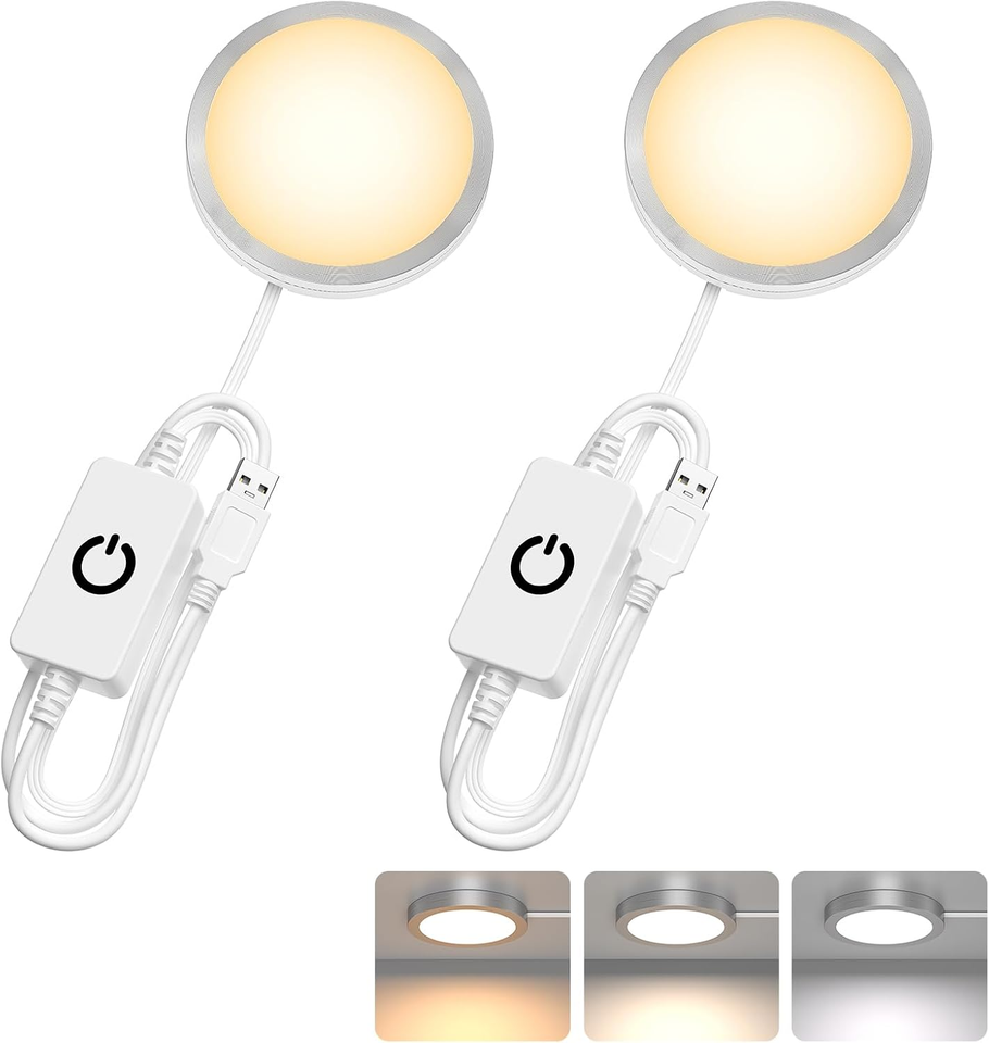 2 Pack Puck Lights 5V Single USB Powered,3 Color Temperature Adjustable ...