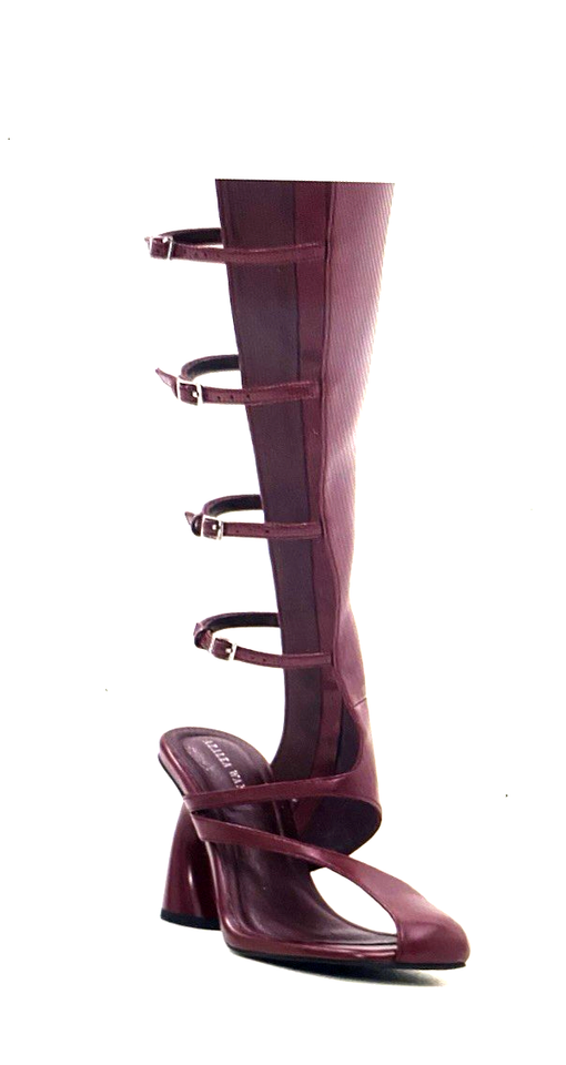 Azalea Wang Andrius Burgundy Gladiator Sandal Knee-High Chunky Heel ...