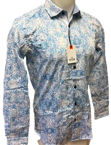 Mens STEELO COLORFUL Blue Long Sleeve Button Up Dress Shirt SILKY ...