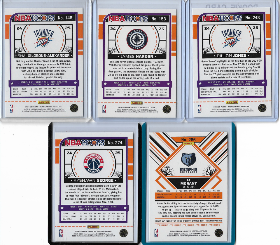 A 5-CARD LOT OF - 2024-25 Haunted Hoops Holo Webs (Shai, Ja, Kyshawn ...