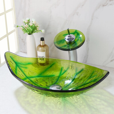 Leaf Shaped Glass Vessel Basin Sink&Bowl Chrome Waterfall Faucet Combo ...