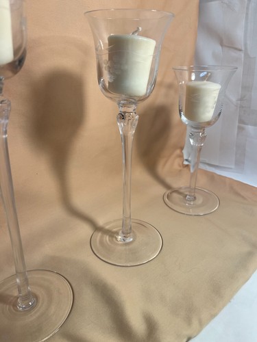 Three Long Stem Etched Chrystal Candle Holders, 10 3/4, 9 3/4, & 7 7/8 ...