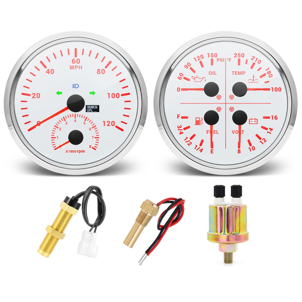 2 Gauge SET 110mm GPS Speedometer 0-120MPH Tachometer & 4IN 1 Oil/Temp ...