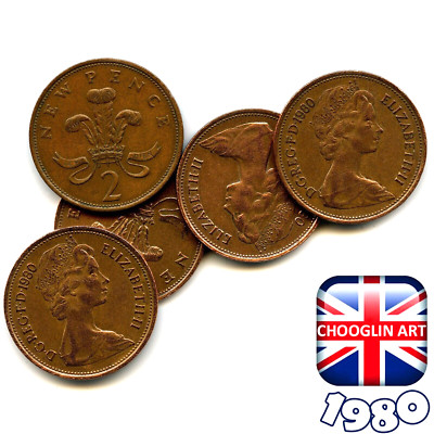 Set of (x5) BRITISH 1980 ELIZABETH II TWO PENCE 2p coins, 46 Years Old ...