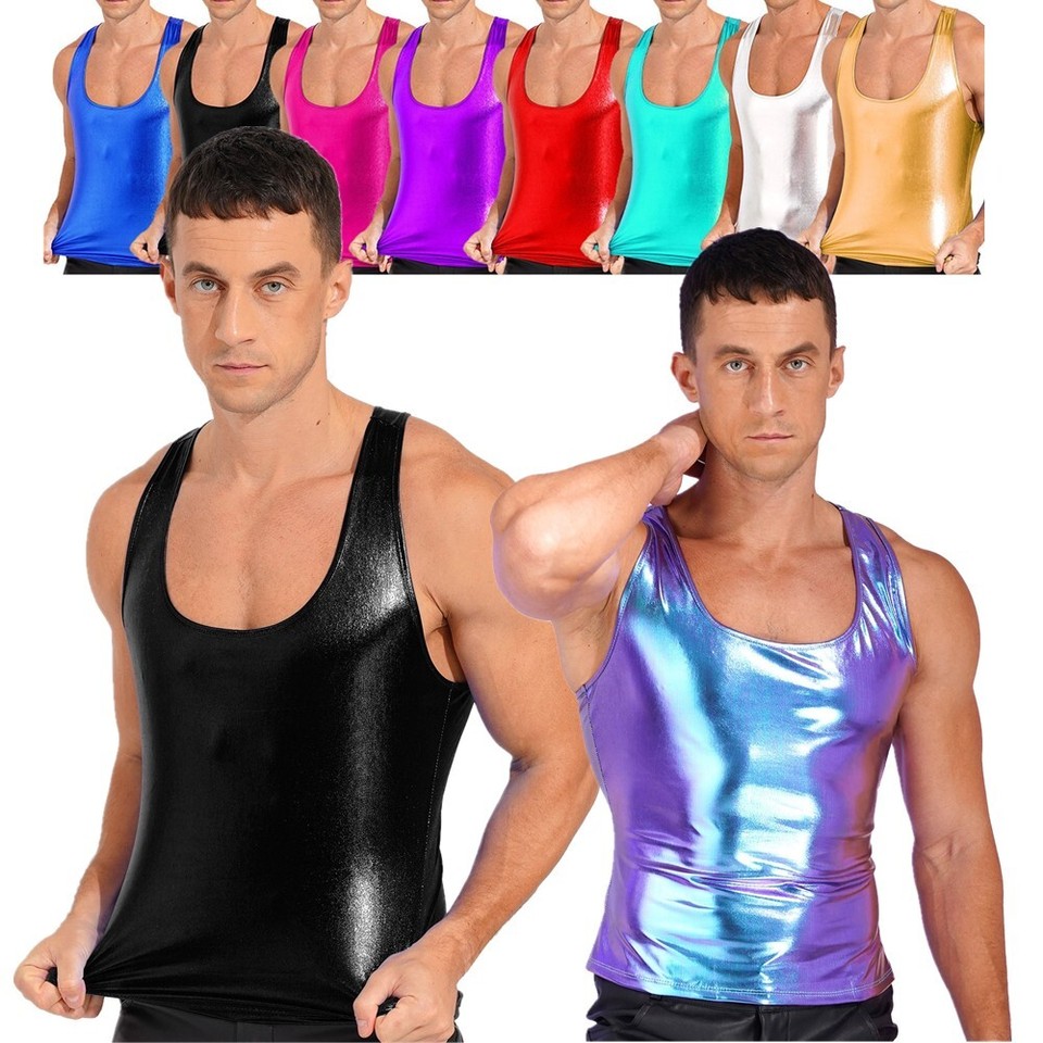 Men Shiny Metallic Sleeveless Muscle Tank Top Faux Leather Vest Tops ...