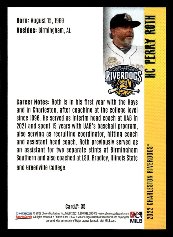 Perry Roth 2022 Choice Charleston RiverDogs #35 Charleston RiverDogs | eBay