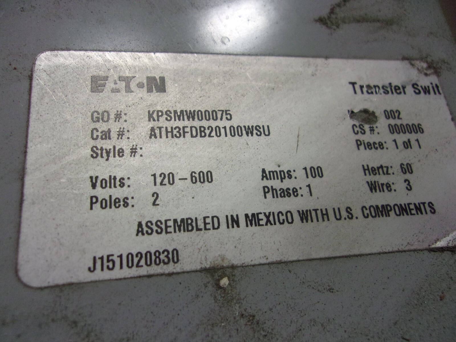 EATON ATH3FDB20100WSU 600v 100a 1ph 2-POLE TRANSFER SWITCH w/ ATC-300 ...