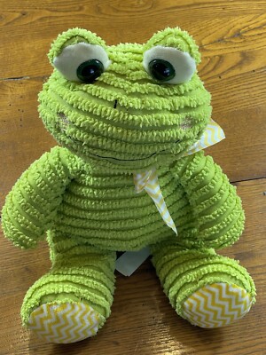 HUG FUN Stuffed CHENILLE Green Frog Plush 15” Yellow Chevron Ribbon ...