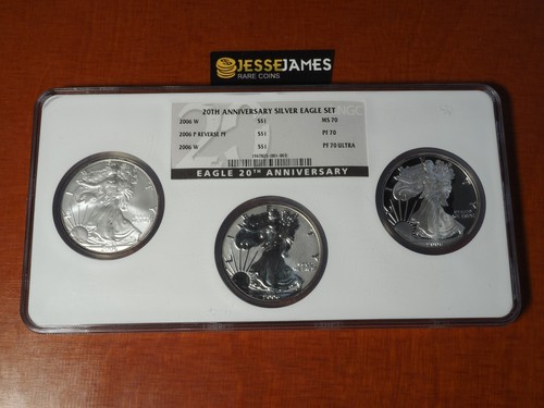 2006 P REVERSE PROOF SILVER EAGLE NGC PF70 W MS70 3 COIN 20TH ...