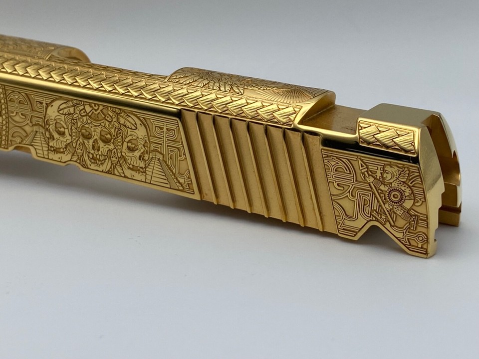Deep laser engraved 1911 government slide 24k gold plated Aztec ...