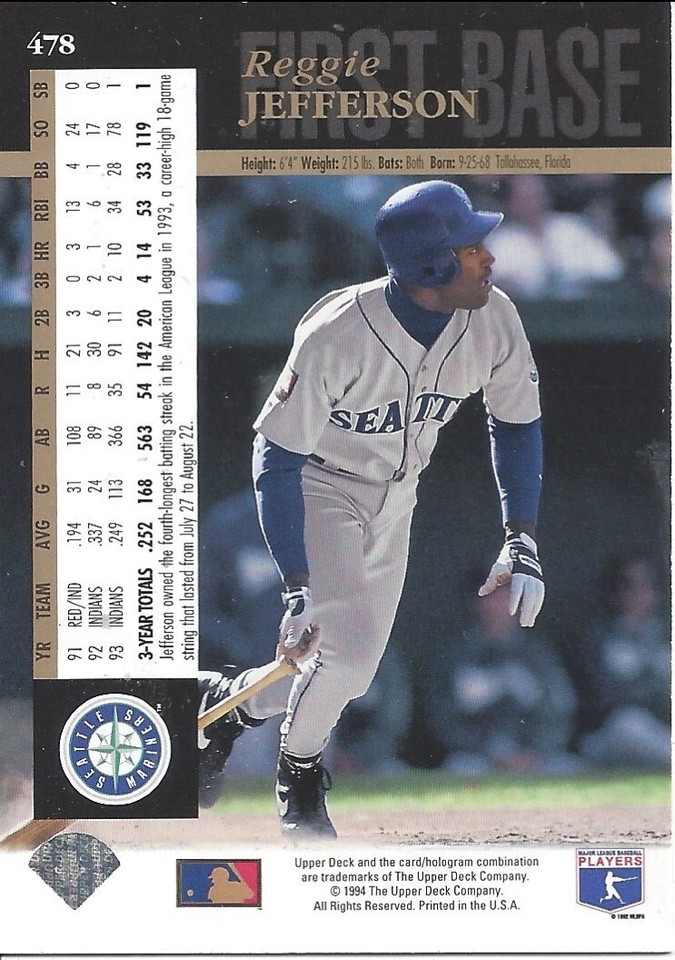 1994 Upper Deck Electric Diamond Reggie Jefferson 478 Mariners EXMT | eBay