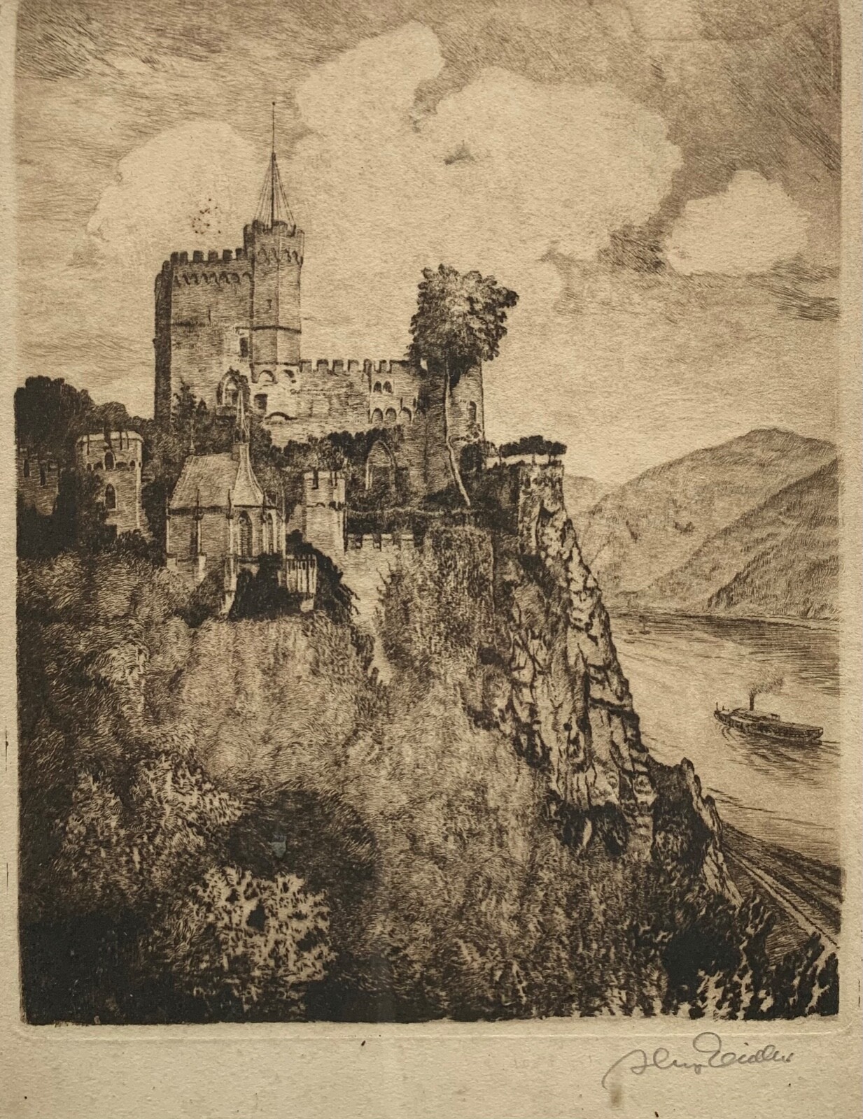Radierung Burg Rheinstein bei Bingen am Rhein Hugo Eichler | eBay.de