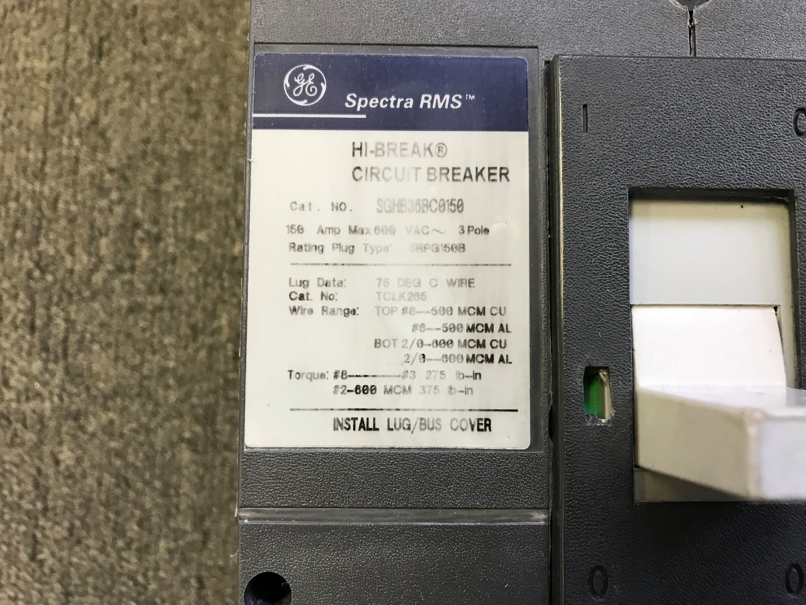 GENERAL ELECTRIC BREAKER 150 AMP 600V 3P SGHB36BC0150 SRPG150B80 ...