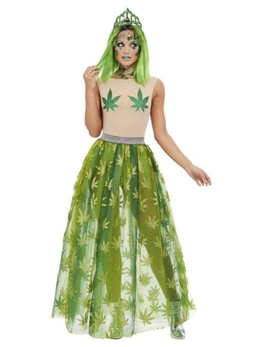 Adult Women's Weed Cannabis leaf Queen Fancy Dress Costume with Green ...