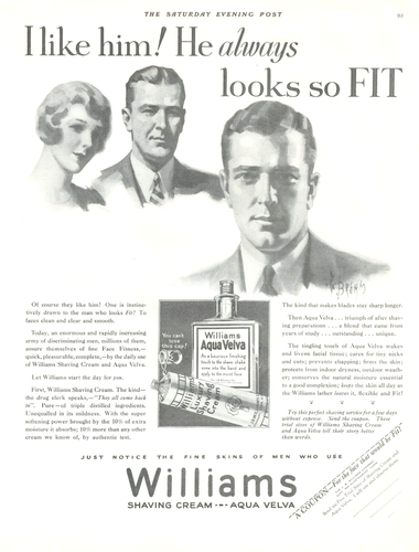 1929 WILLIAMS men's after shave PRINT AD SHAVING CREAM and AQUA VELVA ...