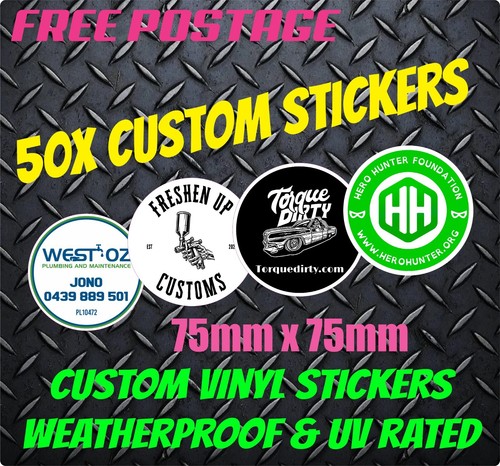 50x Custom Stickers - 75mm x 75mm PRINT YOUR OWN DESIGN & FREE POSTAGE ...