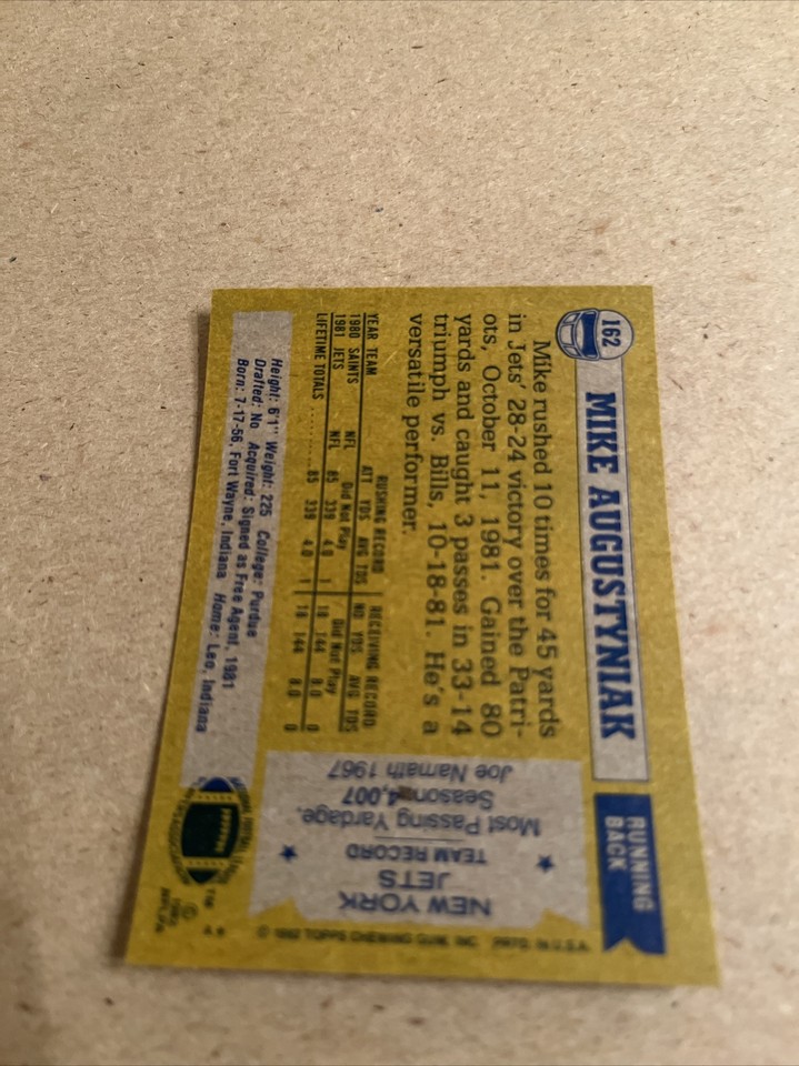 1982 Topps Mike Augustyniak New York Jets 162 Free Shipping | eBay