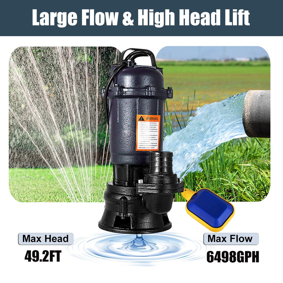 2HP Cast Iron Sewage Submersibl Pump 6498GPH w/26ft Cord Float Switch ...